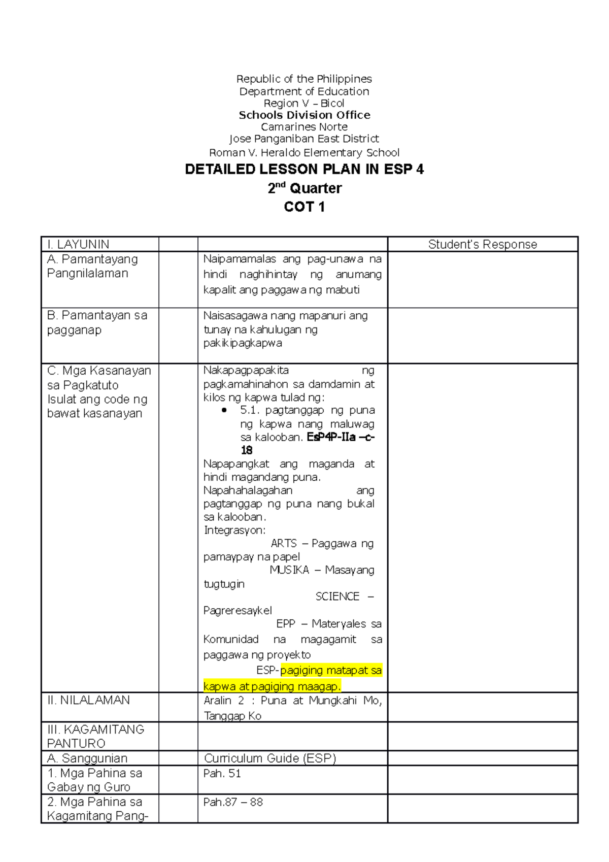 COT Detailed Lesson Plan for ESP 4 - 2nd Quarter Activities - Studocu