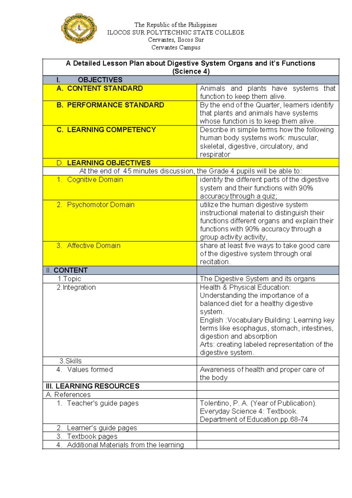 Detailed Lesson Plan on the Digestive System (Science 4) - Studocu