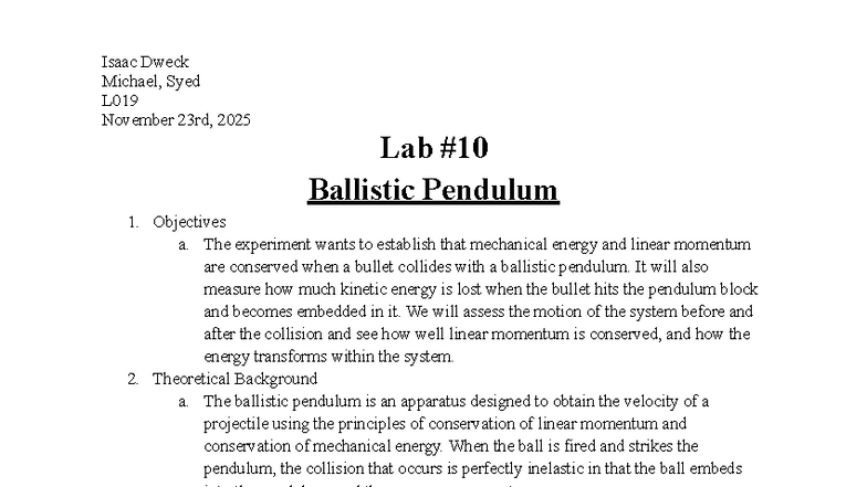 PHYS 1433 Lab #10 - Ballistic Pendulum Energy & Momentum Conservation ...