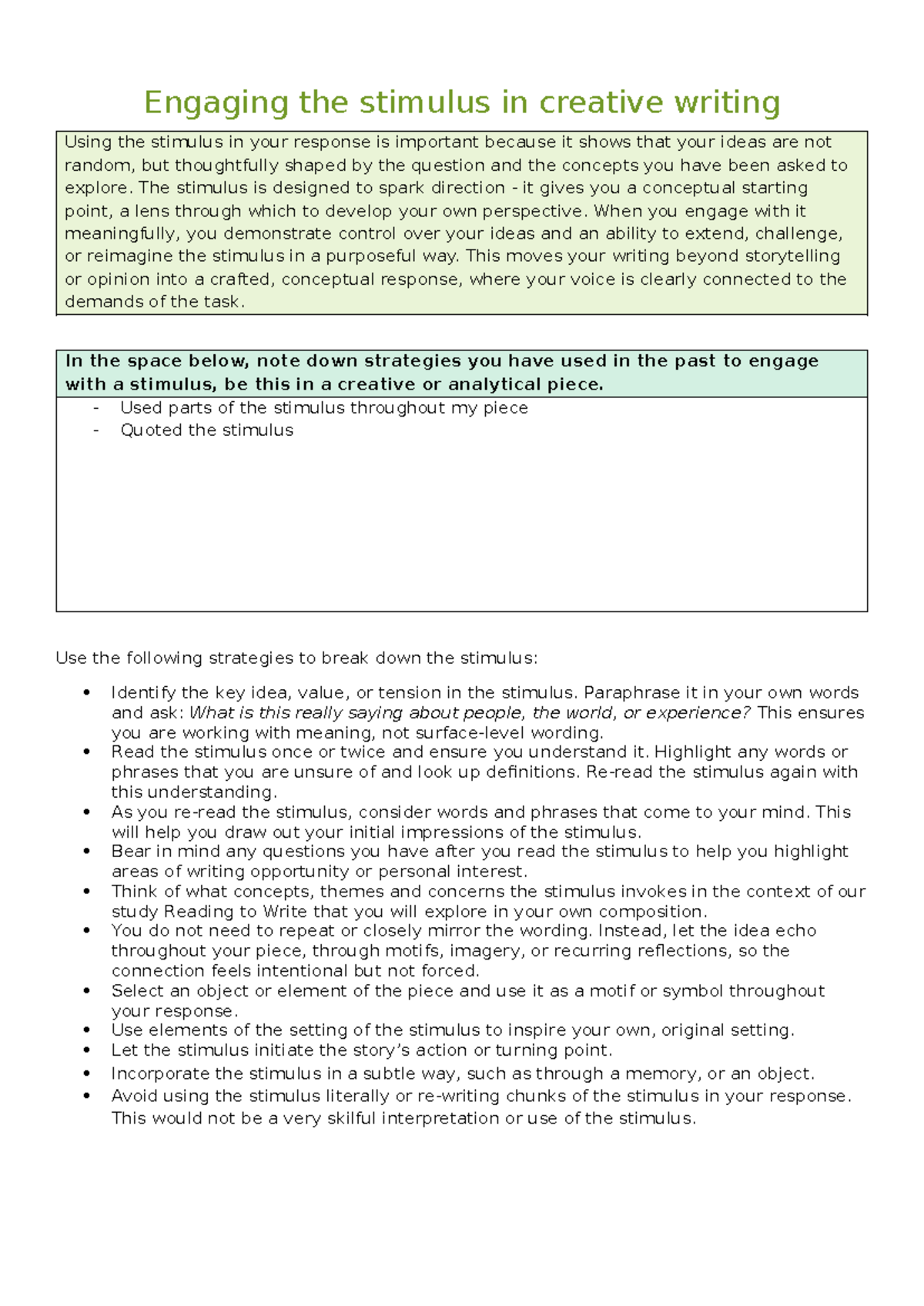 Engaging with Stimuli in Creative Writing: Strategies & Insights - Studocu