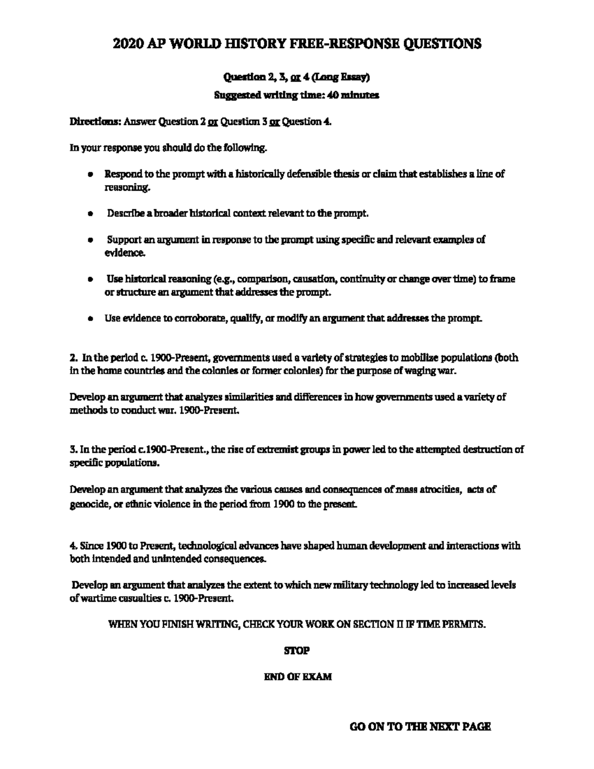 Let7 - test - 2020 AP WORLD HISTORY QUESTIONS Question 2, 3, or 4 (Long ...