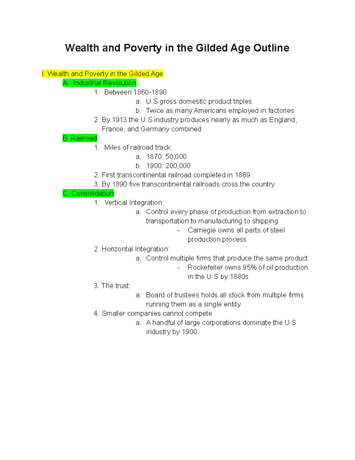 U.S. History Since 1877: Gilded Age Wealth & Poverty Outline Notes ...