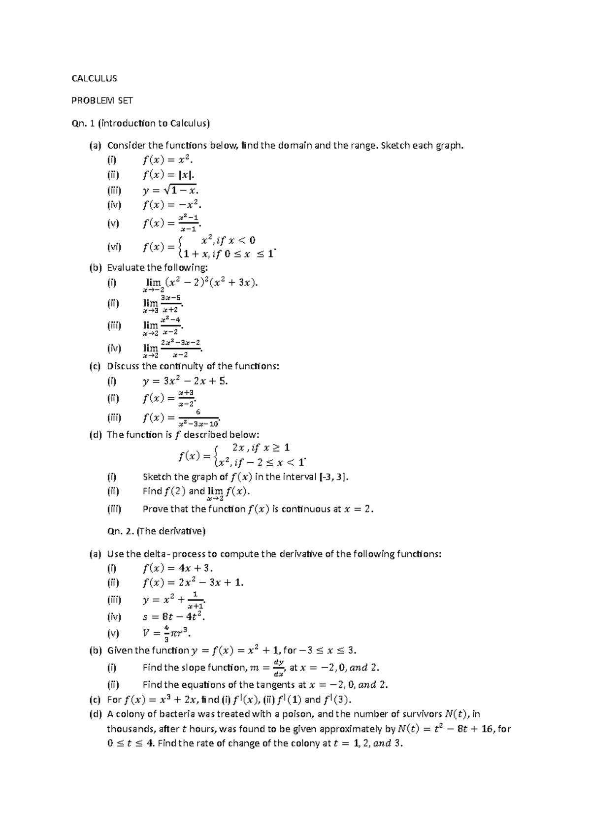 Calculus Problem Set 1: Domains, Ranges, and Derivatives - Studocu