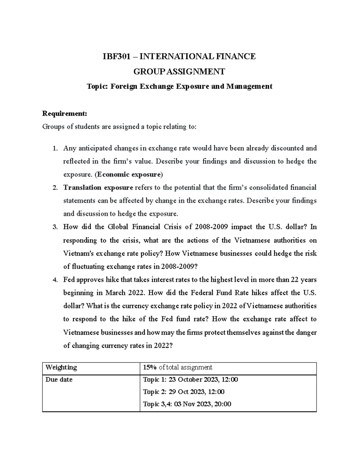 Group Assignment IBF301 FA23: Foreign Exchange Exposure Management - Studocu