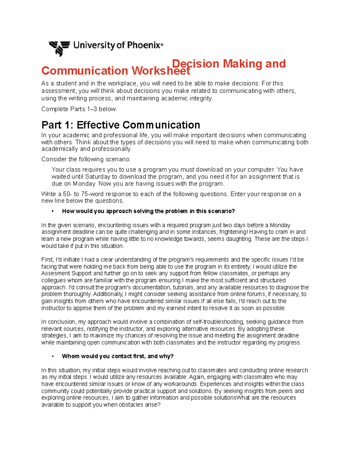 Wk 3 Summative Assessment: Decision Making & Effective Communication ...