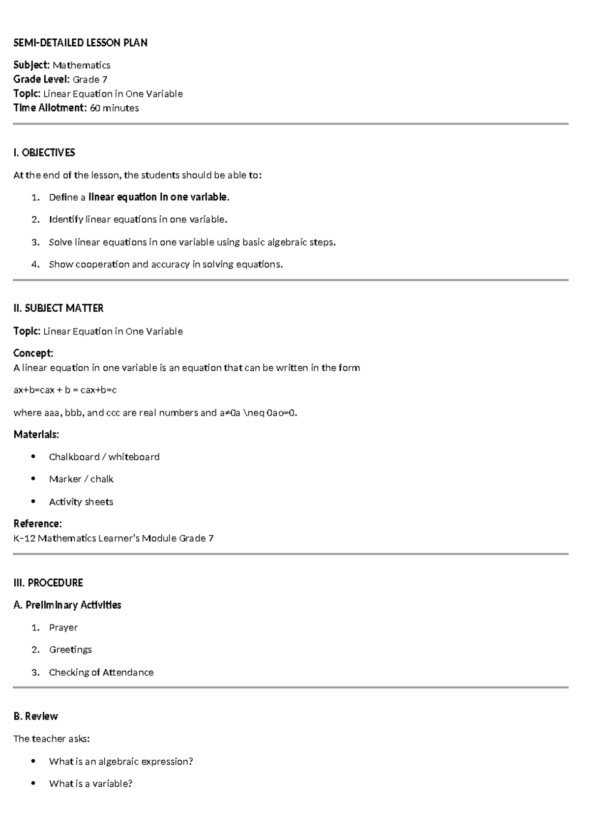 Mathematics Lesson Plan: Linear Equations in One Variable (Grade 7) - Studocu