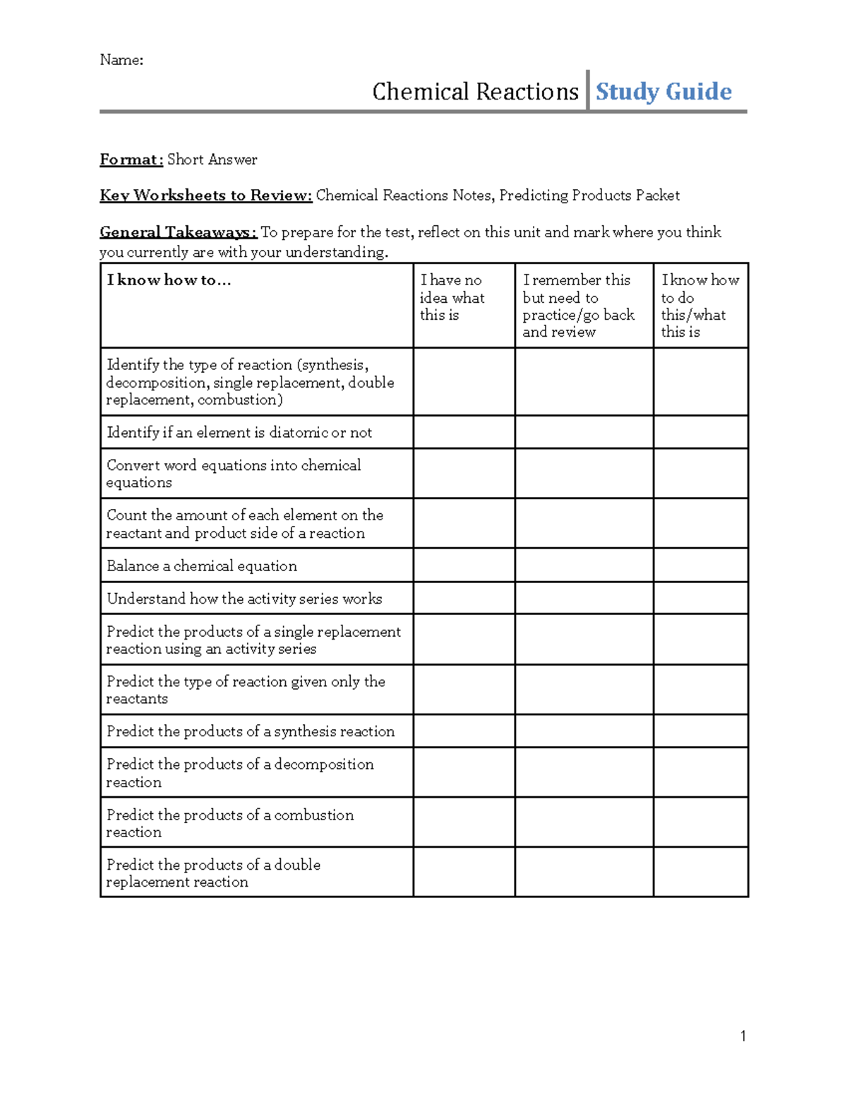 Chemical Reactions Study Guide KEY - Name: Chemical Reactions Study ...