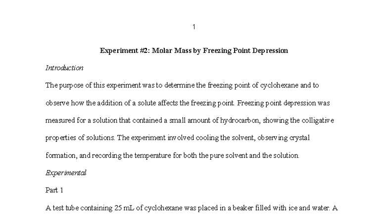 CHEM111B Lab#2 - Molar Mass & Freezing Point Depression Experiment ...