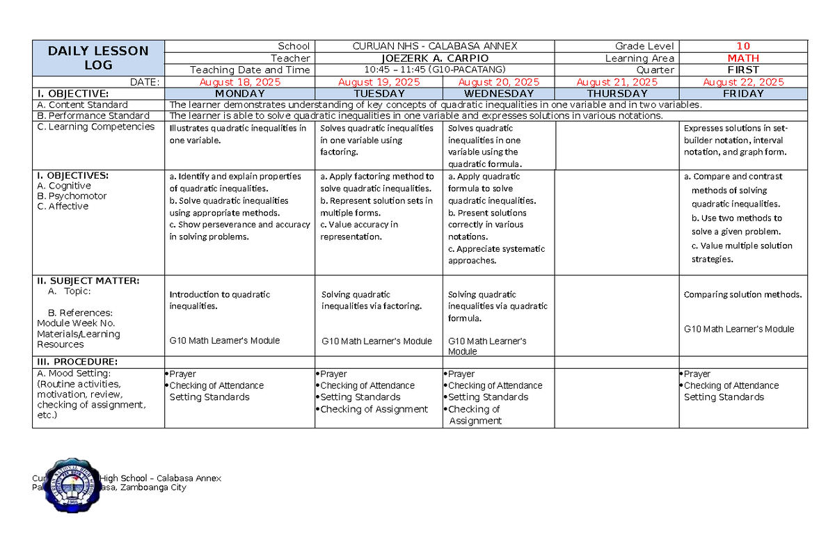 DLL - G10 WEEK 5 - Quadratic Inequalities Lesson Plan - Studocu