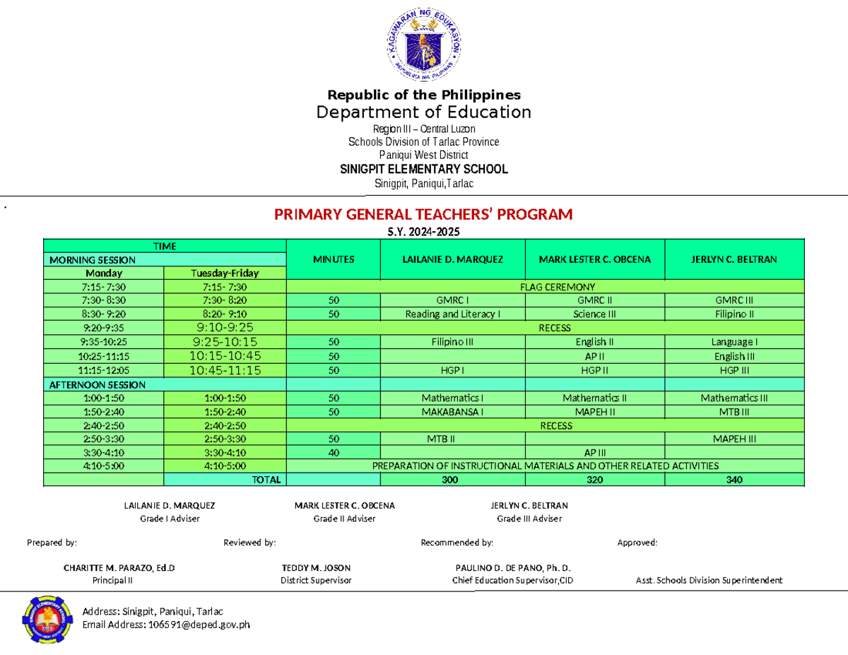 Primary General Teachers' Program S.Y. 2024-2025 - Sinigpit Elementary ...