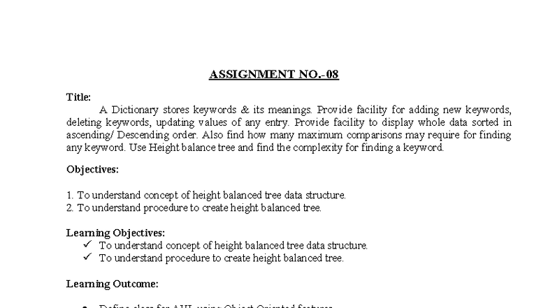 DSAL Ass9: AVL Tree Implementation and Operations Overview - Studocu