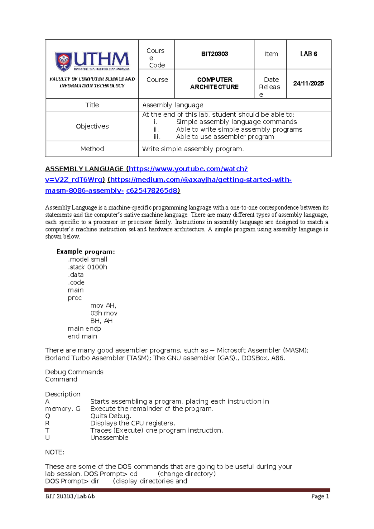 BIT20303 Lab 6: Assembly Language Programming Guide - Studocu