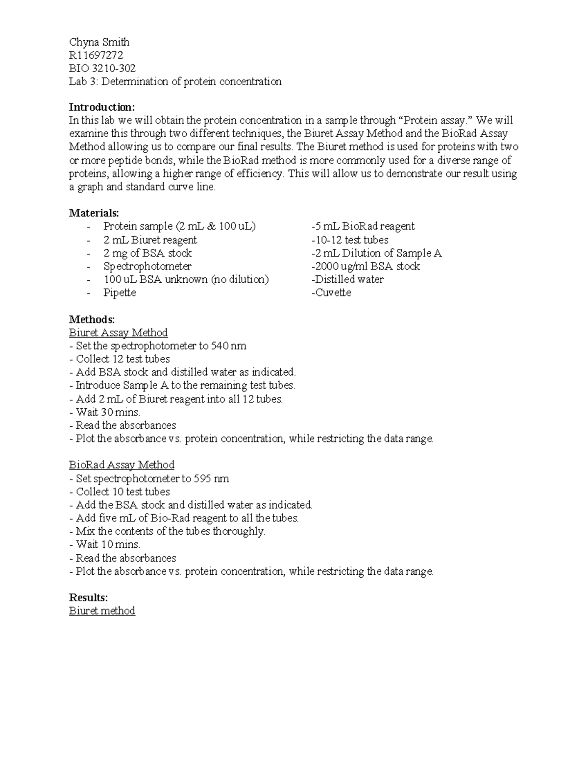 BIOL3120 302 Lab3: Protein Concentration Determination Methods - Studocu