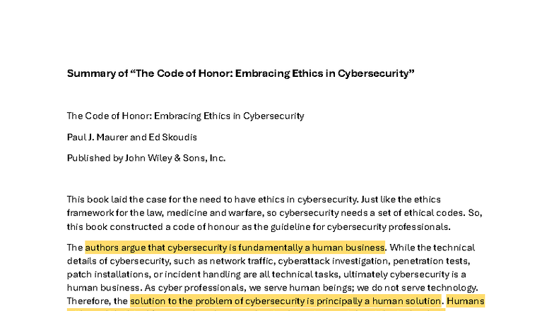 Summary of Code of Honor: Ethics in Cybersecurity (CS 101) - Studocu