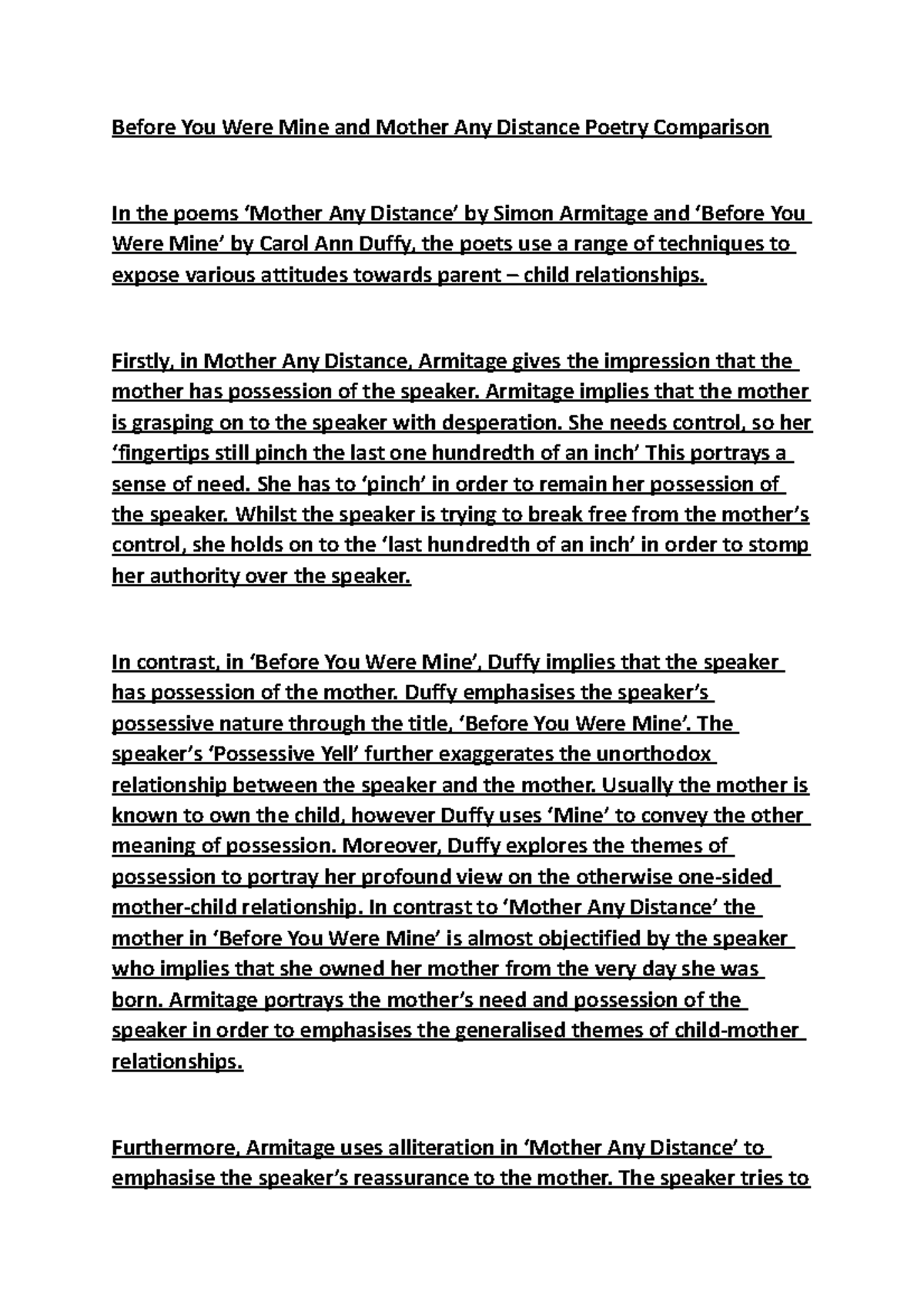 Poetry Comparison: 'Before You Were Mine' & 'Mother Any Distance' - Studocu