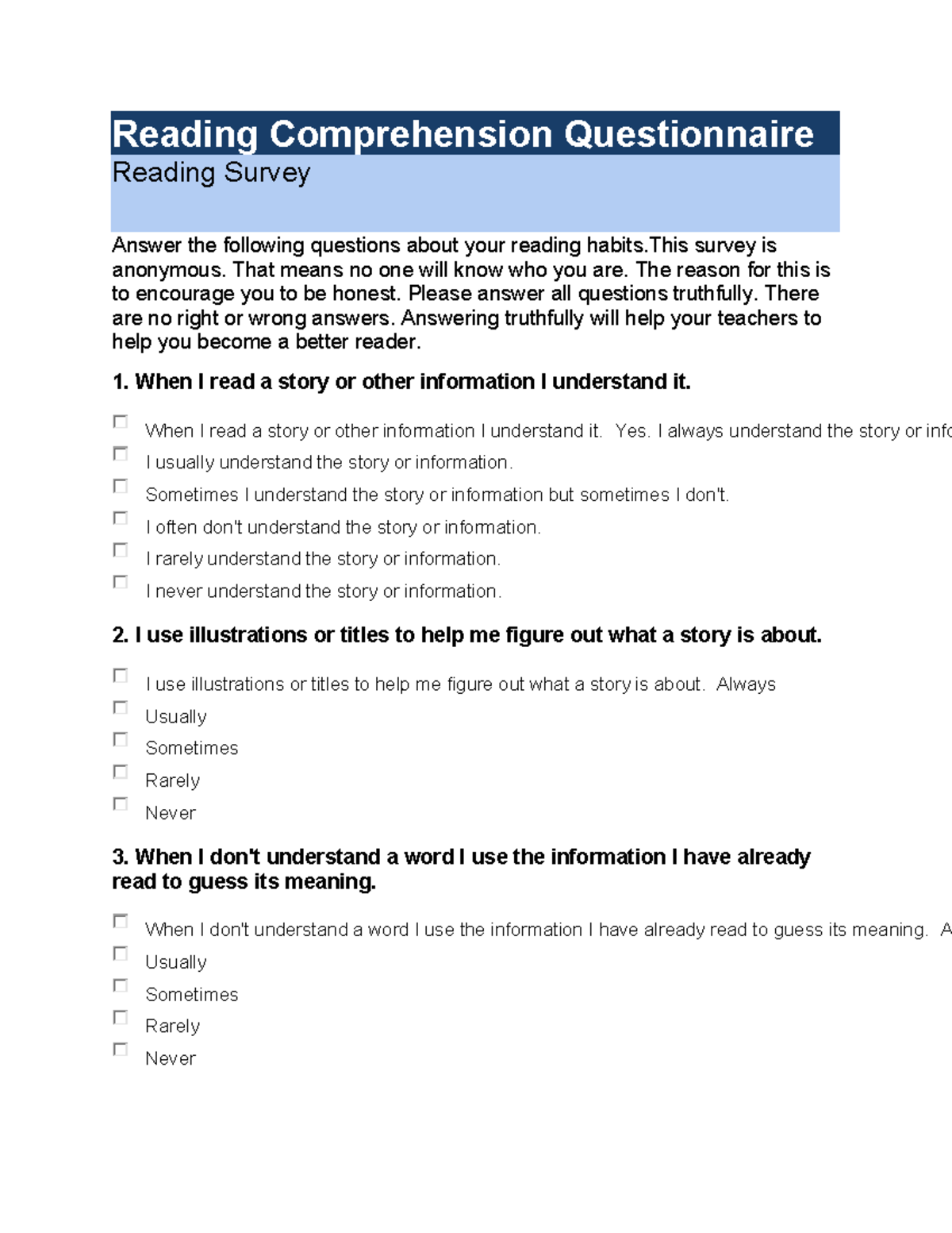 245547602 Reading Comprehension Habits Survey Questionnaire - Studocu