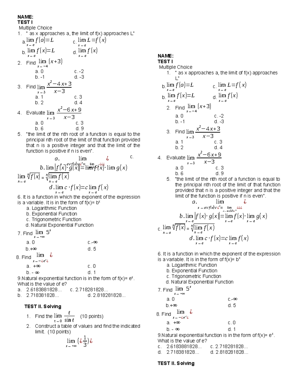 Grade 11 Basic Calculus: Test I & II with Multiple Choice & Solving ...