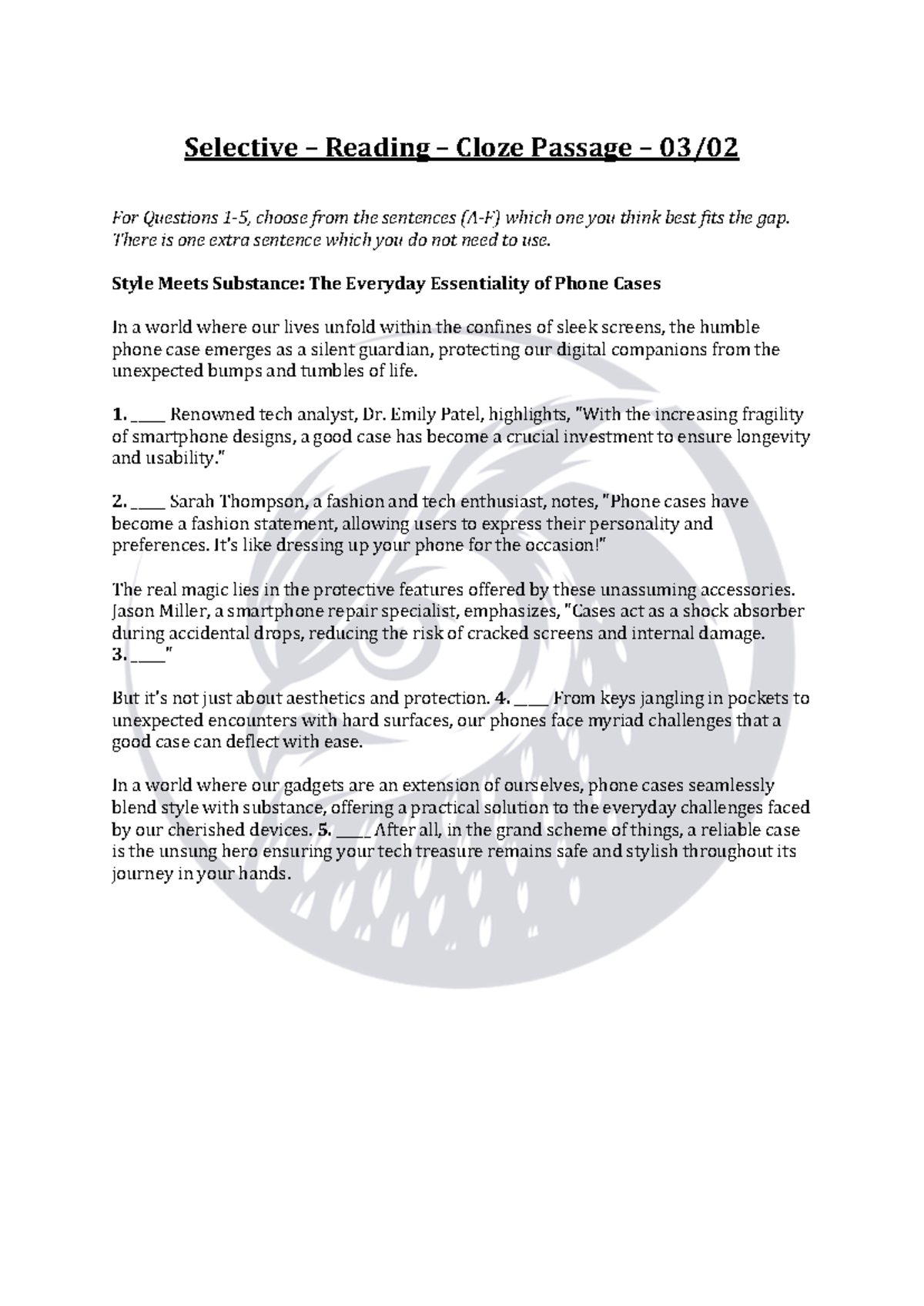 Selective Reading 0302 - Selective – Reading – Cloze Passage – 03/ For ...