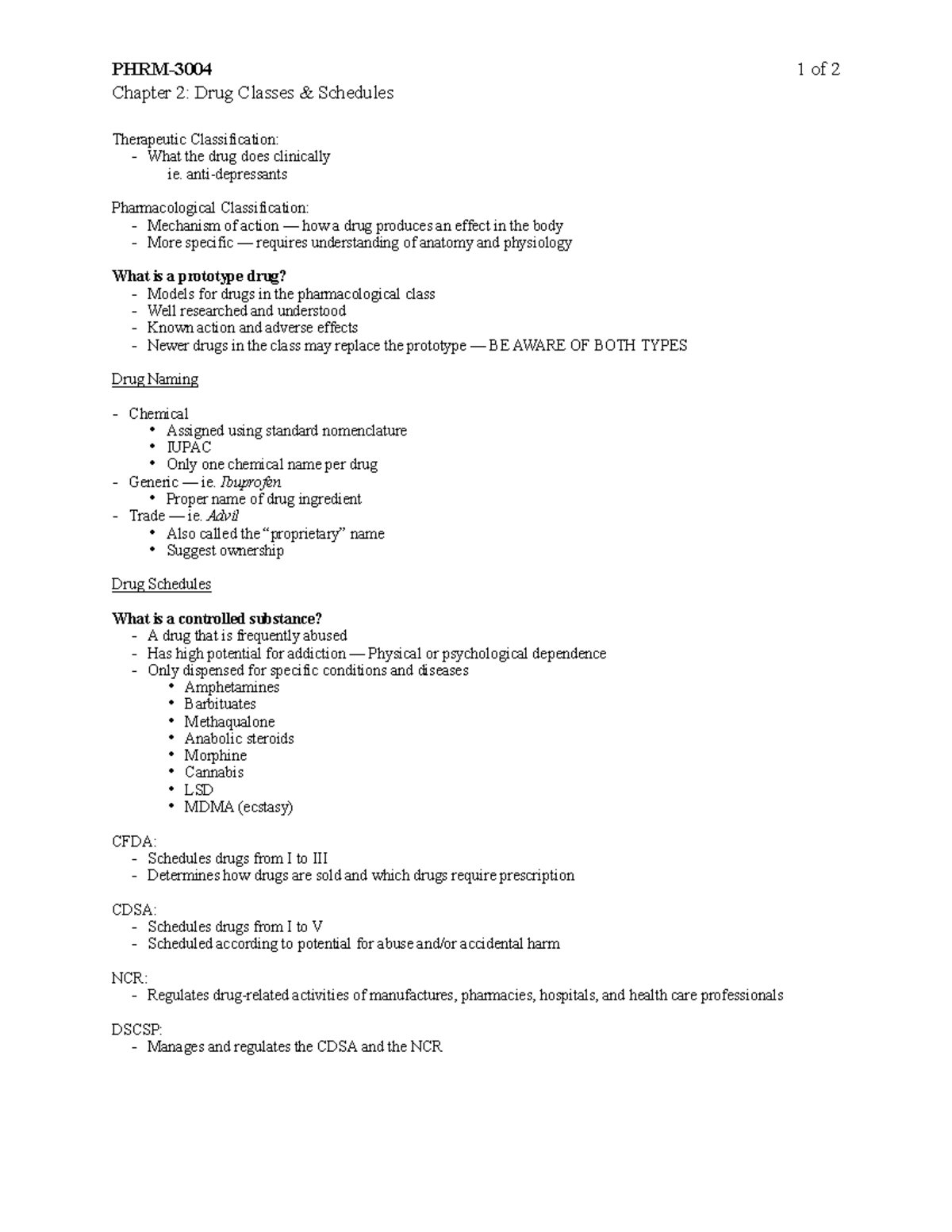 Chapter 2 - Drug Classes & Schedules - PHRM-3004 Chapter 2: Drug ...