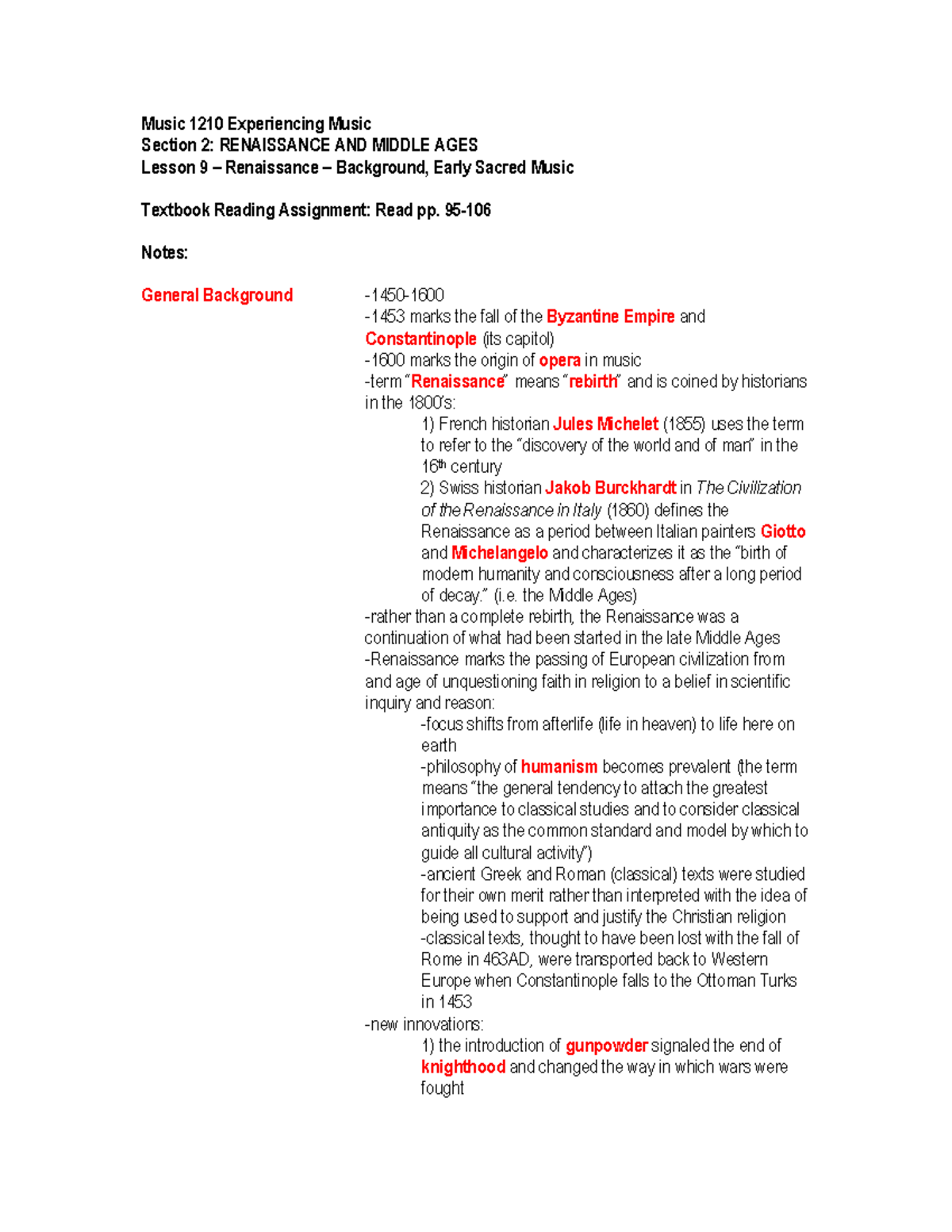 Music 1210: Renaissance & Middle Ages - Lesson 9 Study Notes - Studocu
