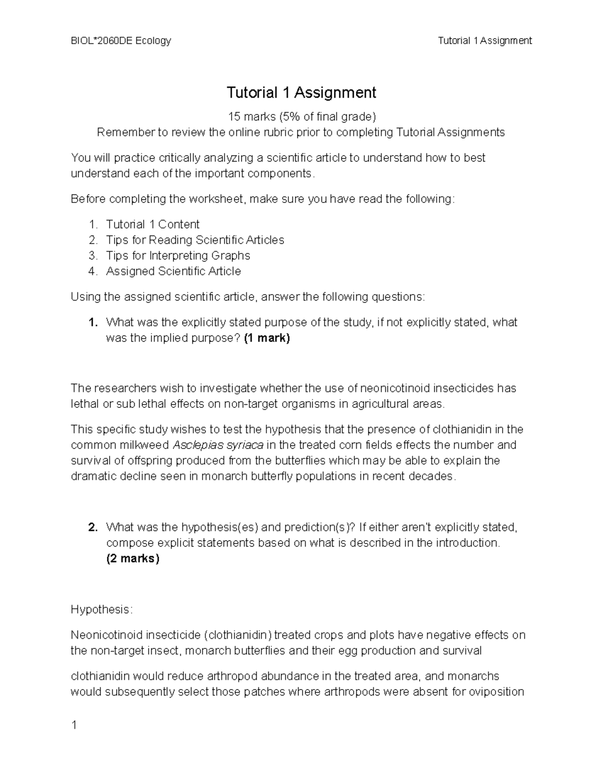 Biol 2060 Tutorial 1 Assignment - BIOL 2060 - U of G - Studocu