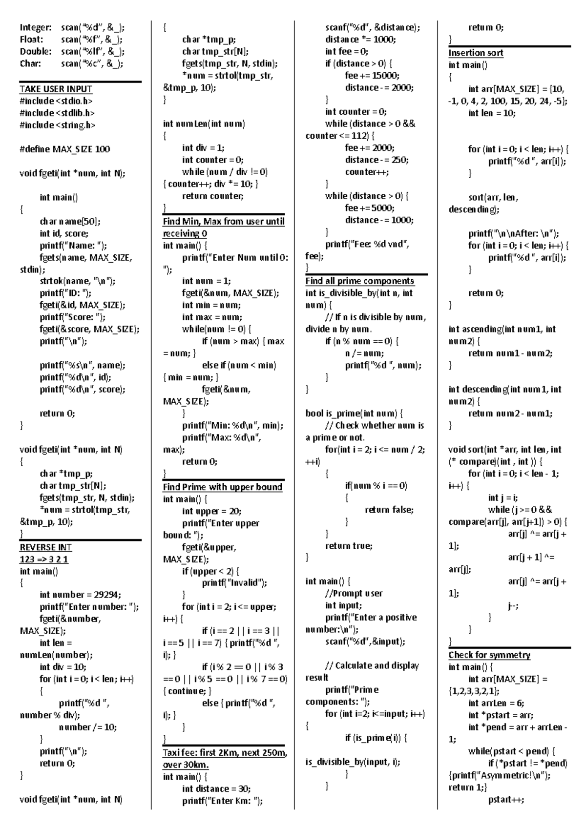 CSE101 - Final Exam Notes on C Programming Concepts and Functions - Studocu