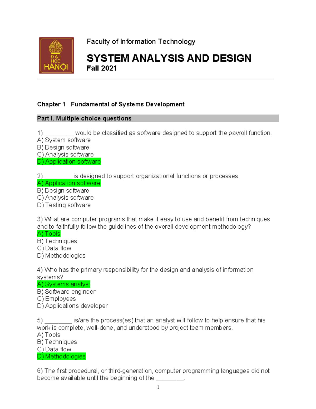 IT SYSTEM ANALYSIS AND DESIGN Fall 2021 Chapter 1 MCQ Review - Studocu