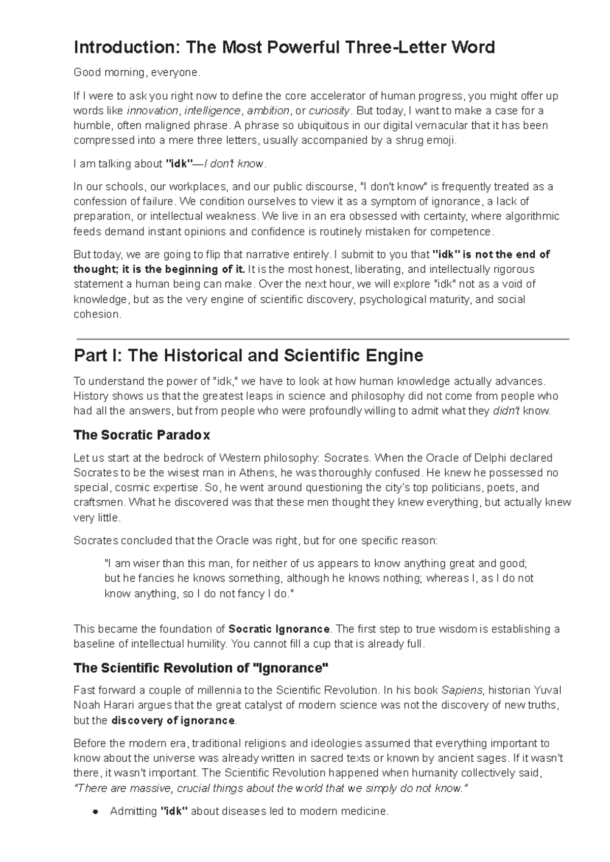 Lecture: The Power of "I Don't Know" in Knowledge (IDK 101) - Studocu