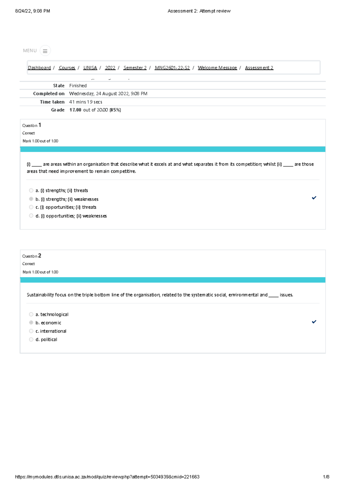 MNG2601 Assignment 2 - Started on Wednesday, 24 August 2022, 8:27 PM State Finished Completed on ...