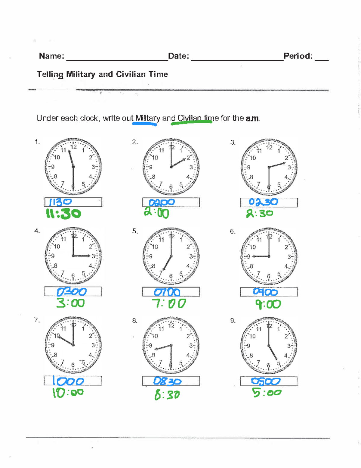 - Clock+Military+Time+ - Name: Date: Period: Telling Military and ...