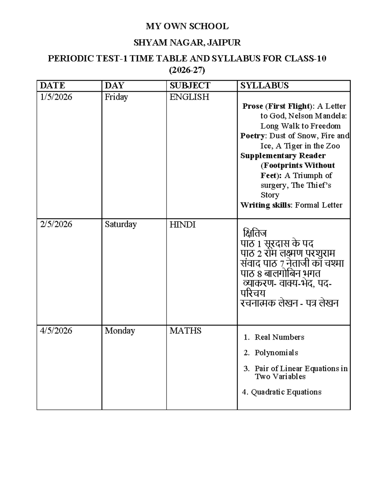 Grade 10 Periodic Time Table & Syllabus (2026-27) - Studocu