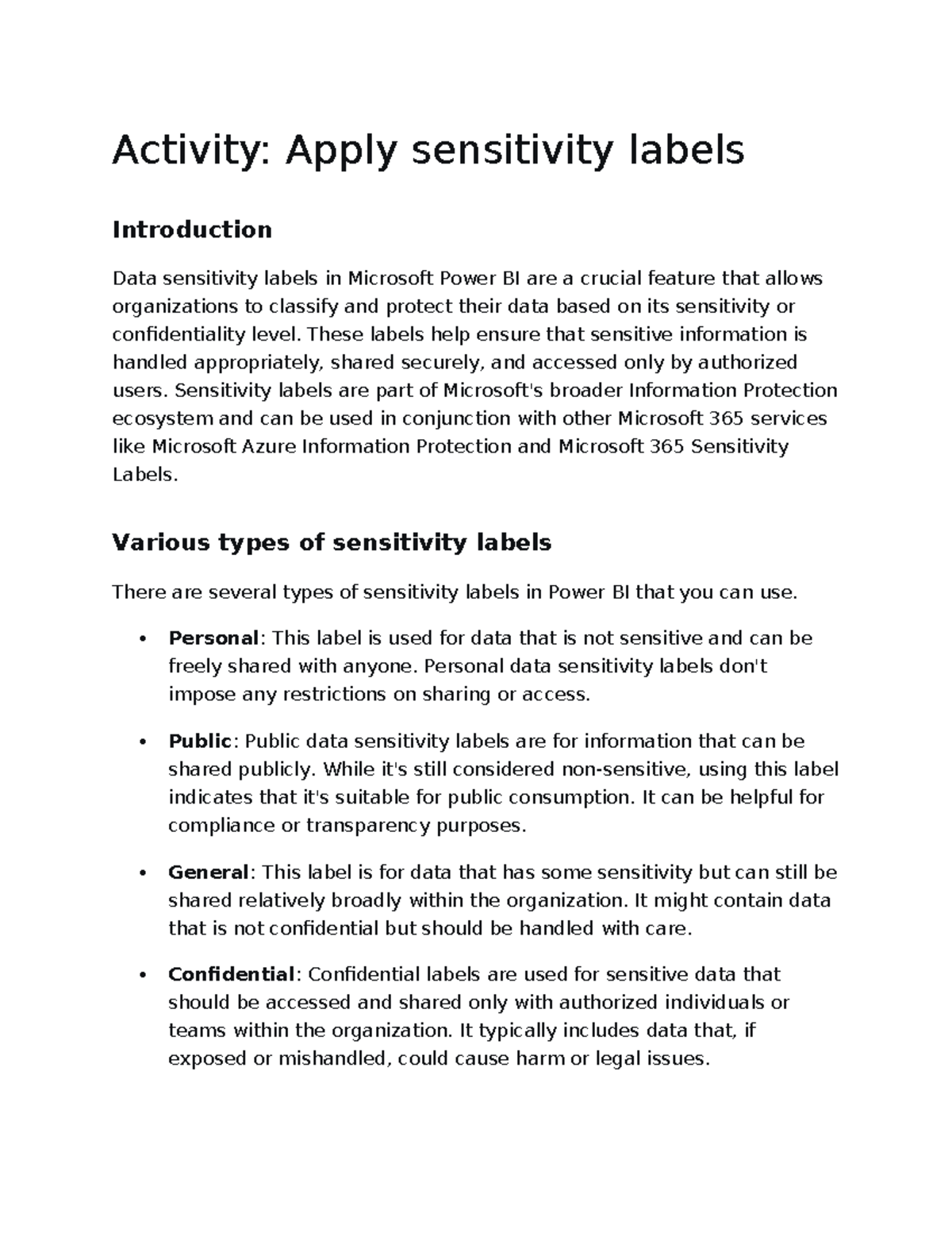 Activity: Applying Sensitivity Labels in Power BI - Studocu