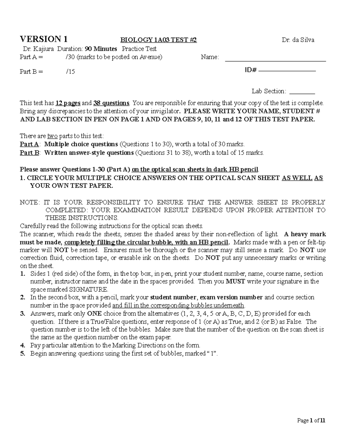 Biology 1A03 Practice Test (Version 1) - Dr. Kajiura & Dr. da Silva ...