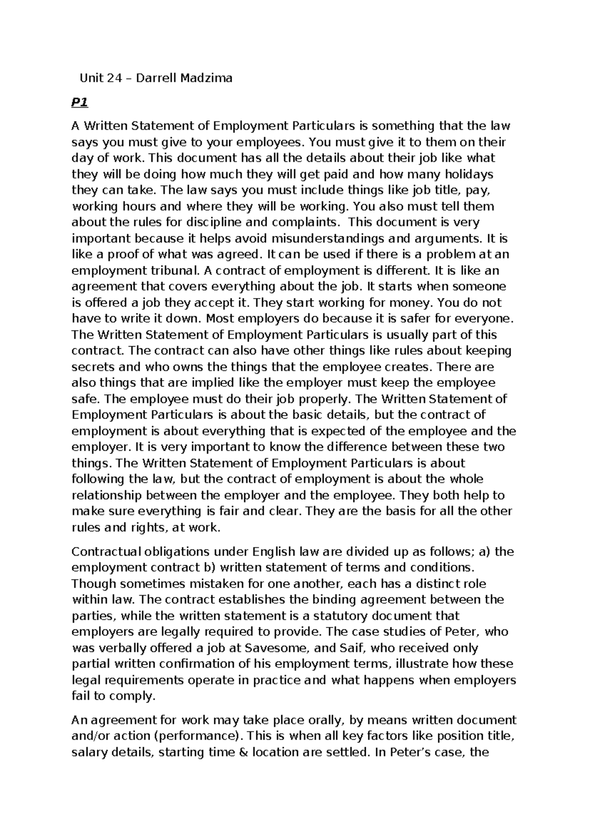Unit 24 D Madzima P1 Written Statement of Employment Particulars - Studocu