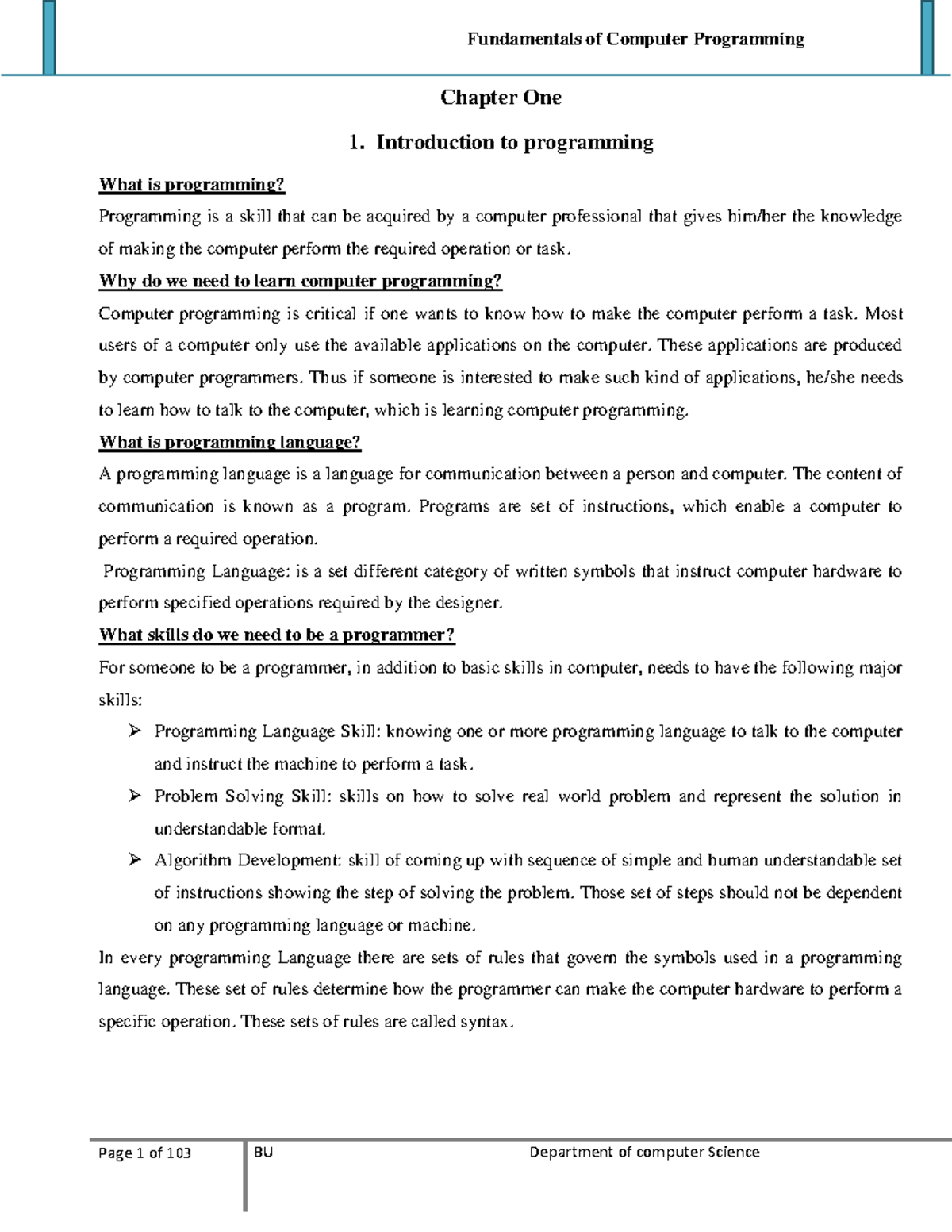 Fundamentals of Computer Programming (CS101) - Chapter 1 Overview - Studocu