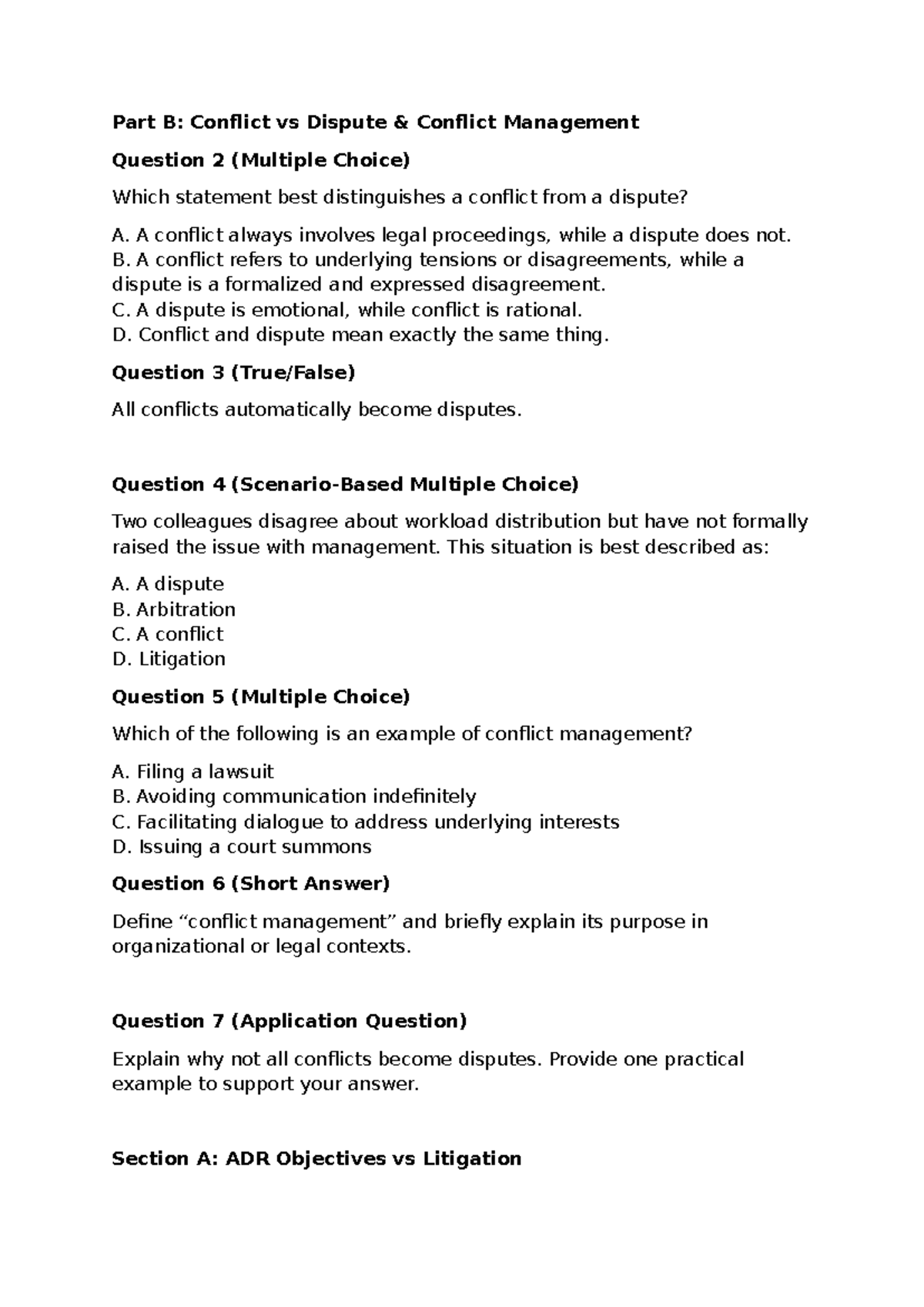 Quiz 1 - Conflict vs Dispute Management (Part B) - Studocu