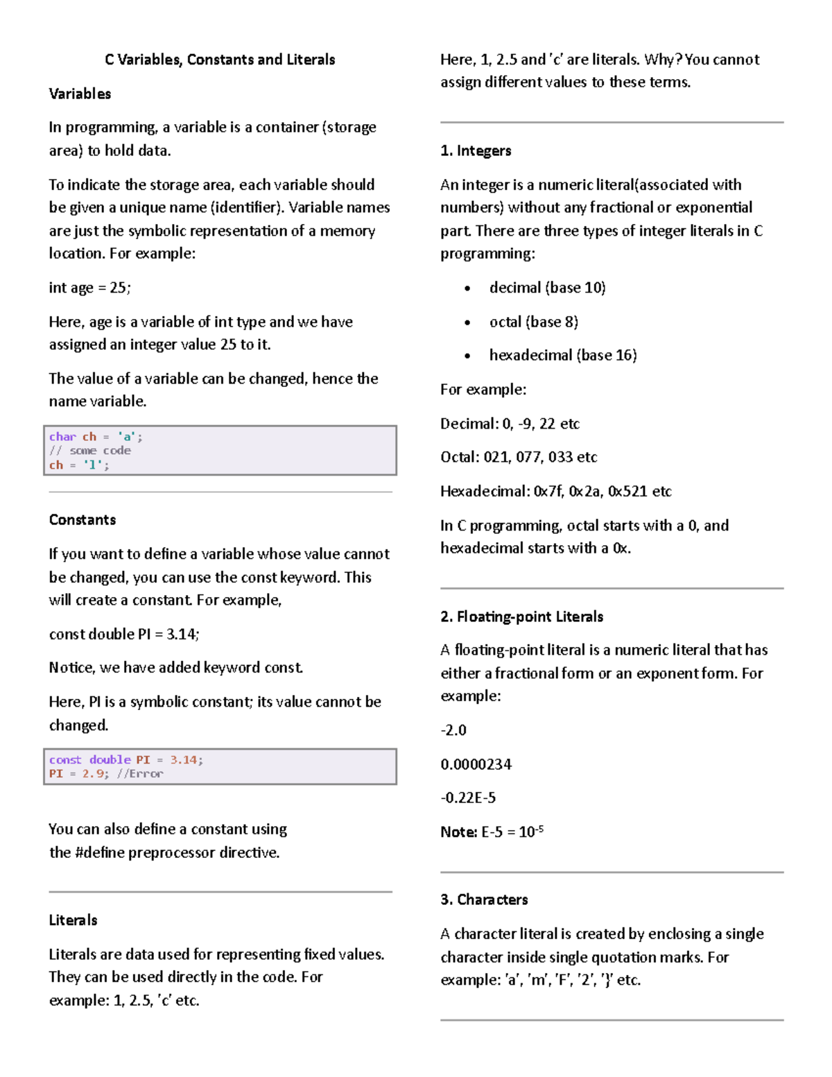 C - Variables, Constants, and Literals in C Programming - Studocu