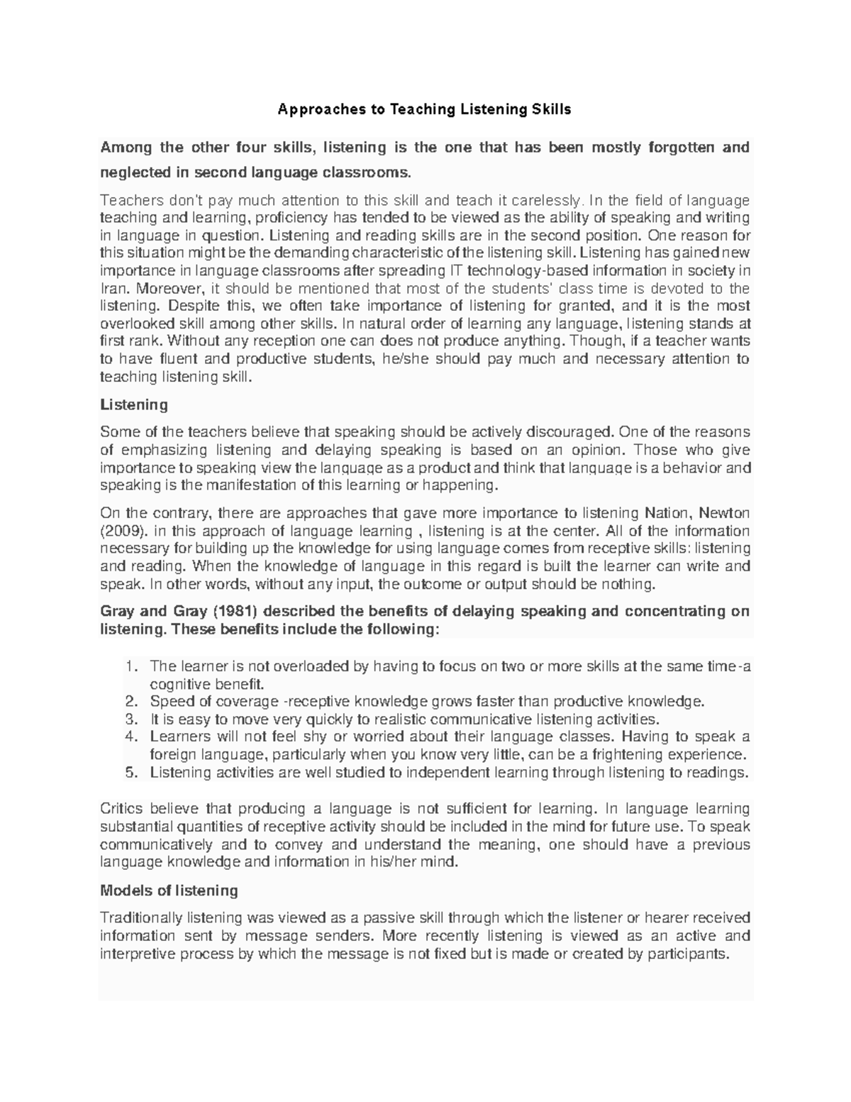 ELT 207 Lesson 4 Approaches to Teaching Listening Skills - Approaches ...