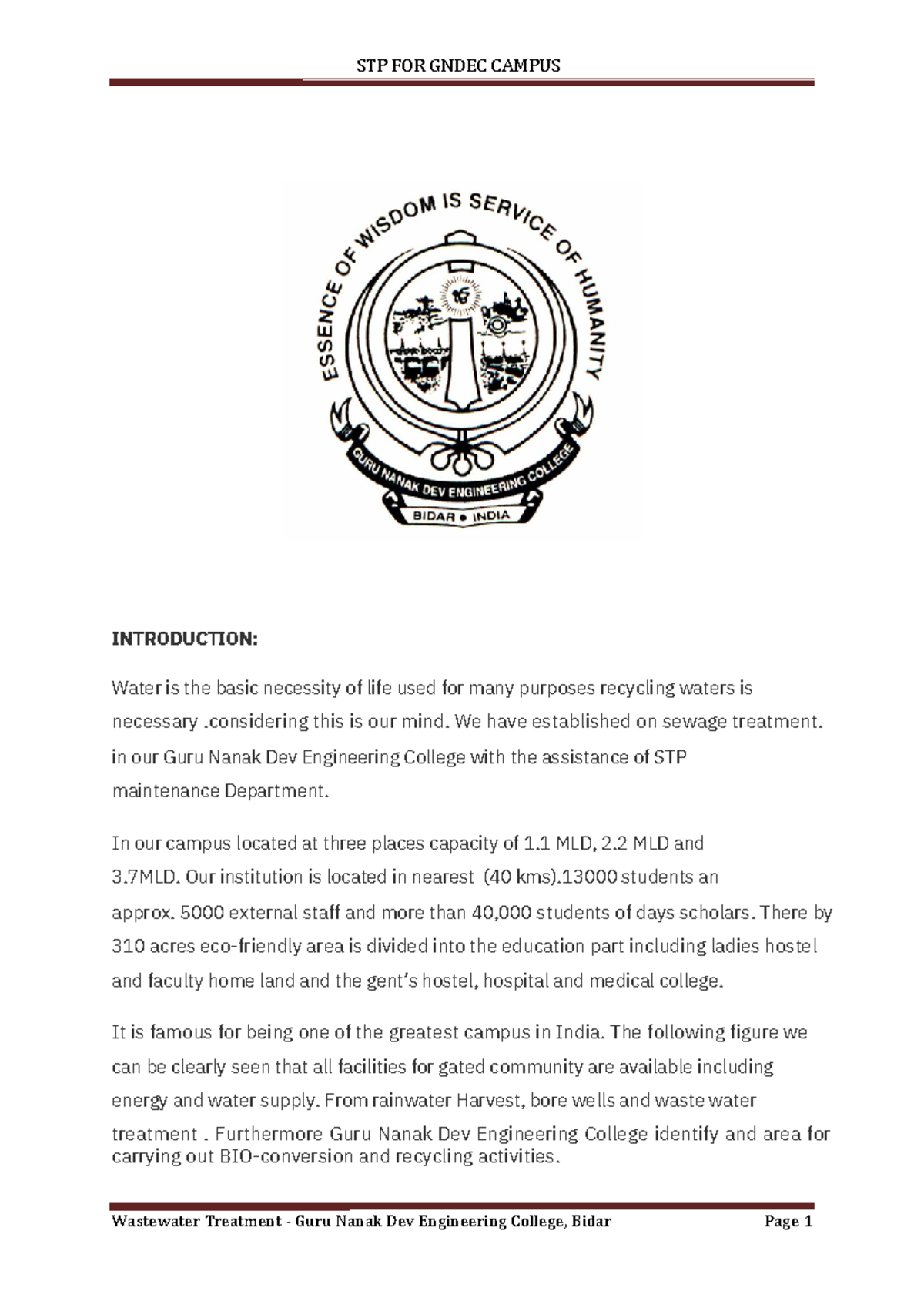 SRM-STP Report: Comprehensive Analysis of Sewage Treatment Plant - Studocu