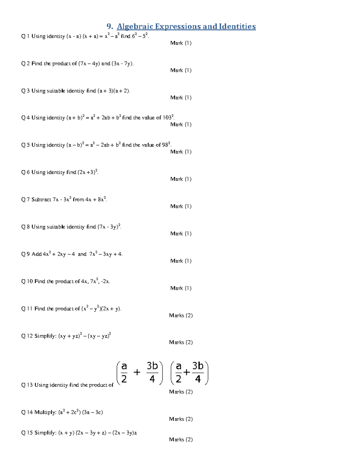 CBSE Class 8 Math Worksheet: Algebraic Expressions & Identities Test ...