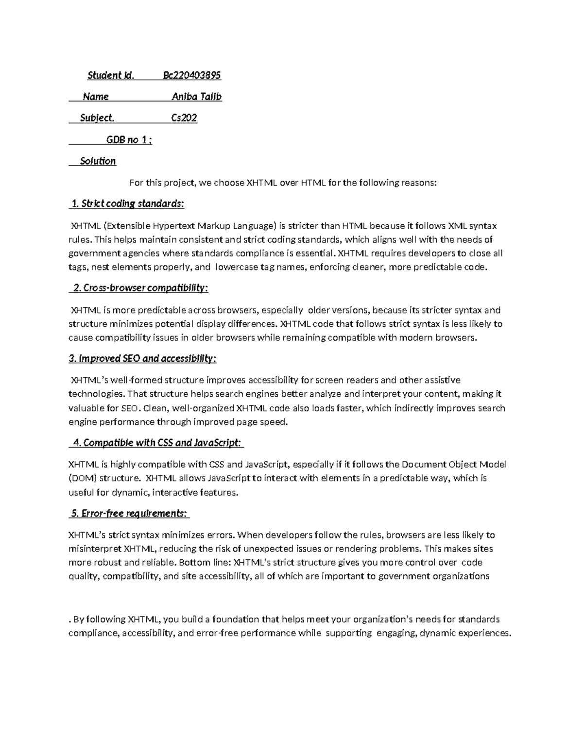 Gdb solution - Student id. Bc Name Aniba Talib Subject. Cs GDB no 1 ; Solution For this project ...