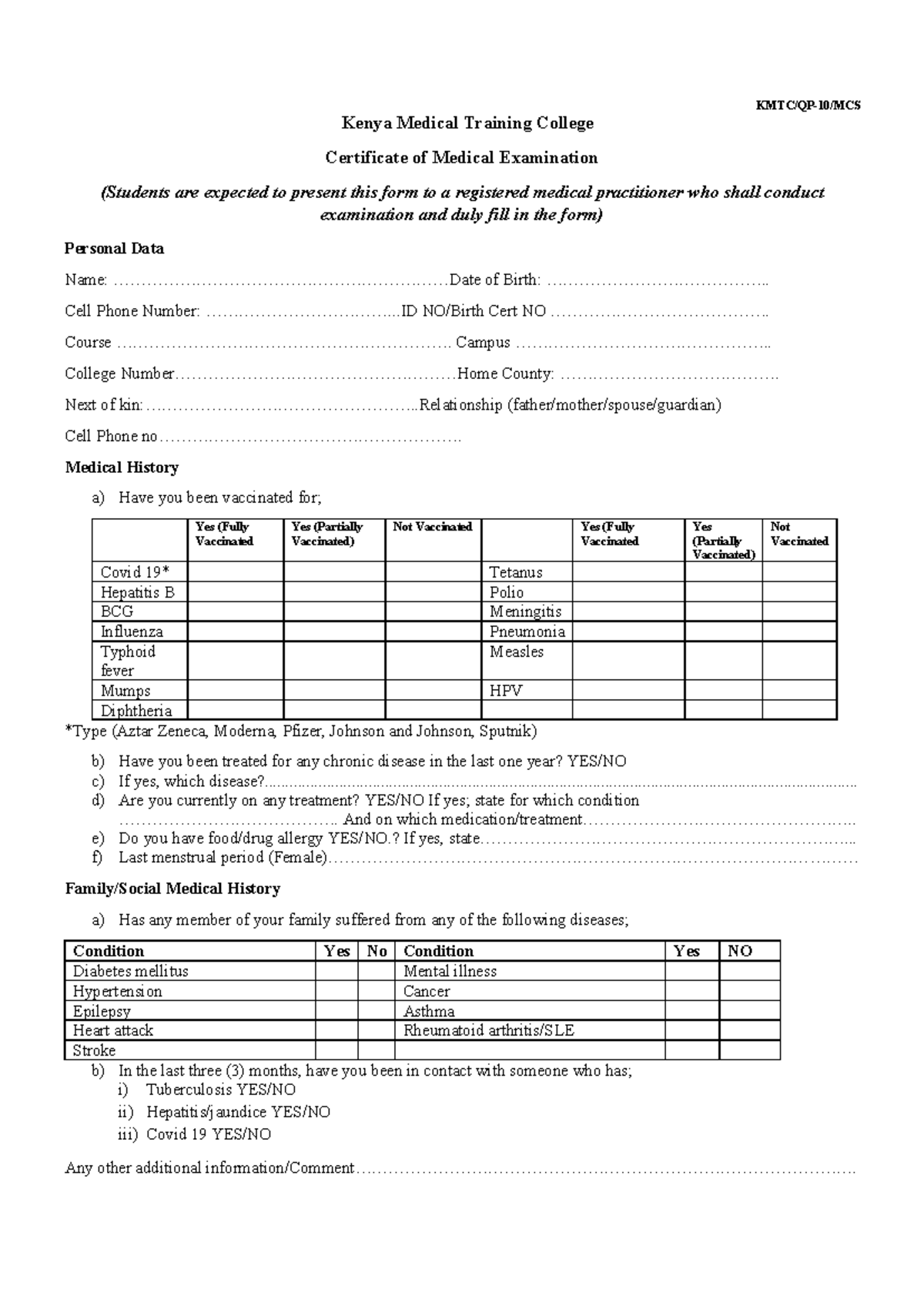 KMTC/QP-10/MCS Medical Examination Certificate for Students - Studocu