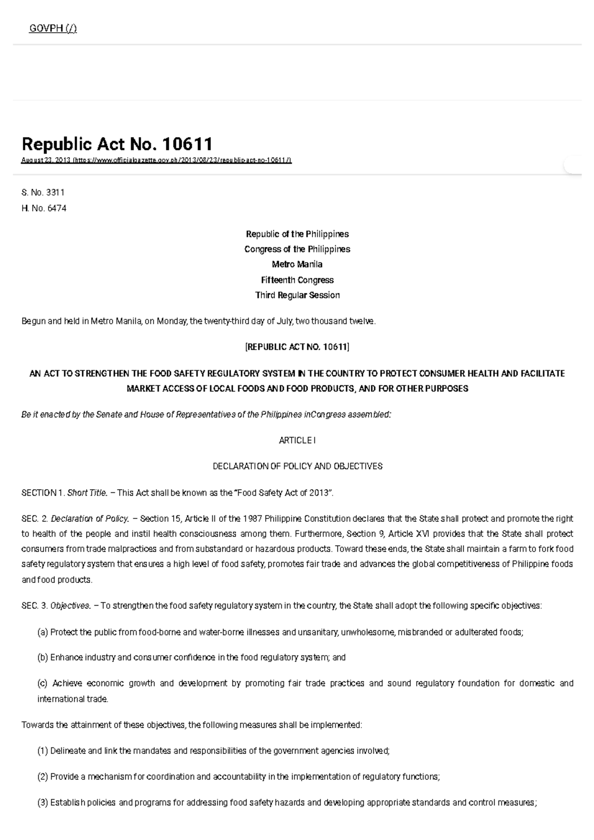 RA 10611: Comprehensive Overview of the Food Safety Act of 2013 - Studocu