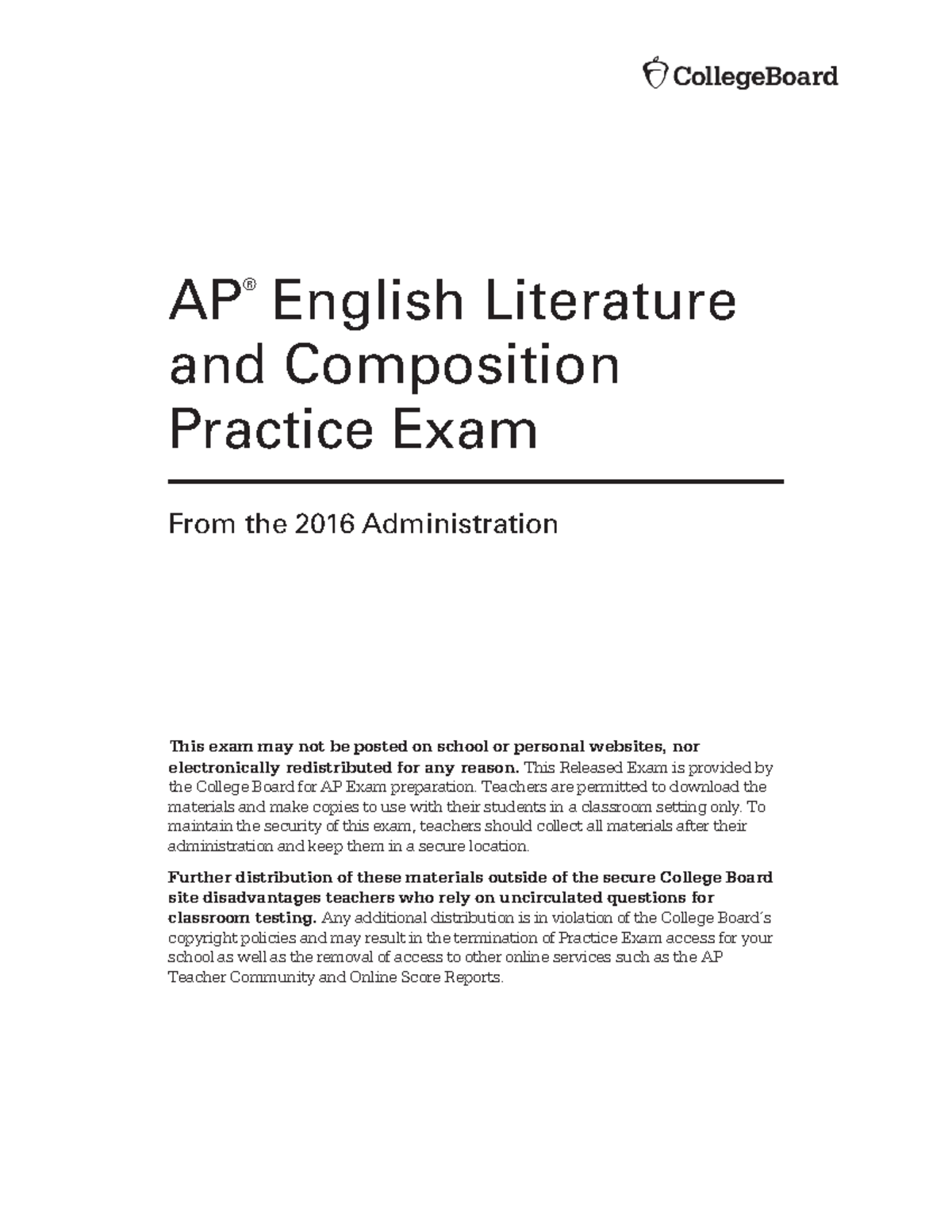 AP Lit Practice Exam 2016 - Key Instructions & Guidelines - Studocu