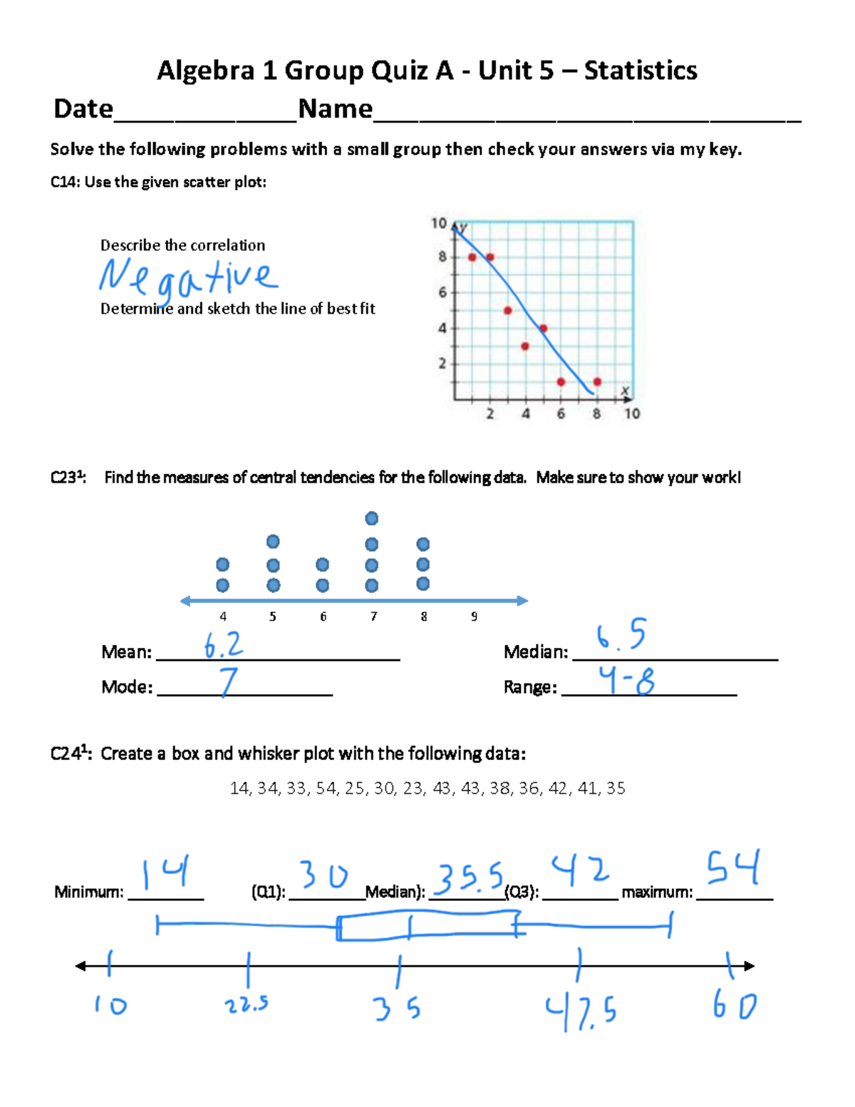 Algebra 1 Unit 5 Group Quiz A: Statistics & Data Analysis - Studocu