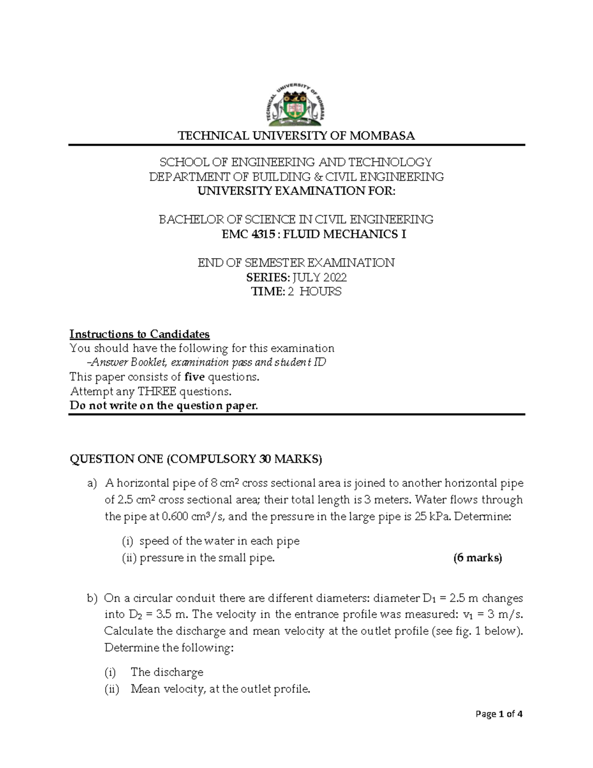 EMC 4315: Fluid Mechanics I End of Semester Exam July 2022 - Studocu