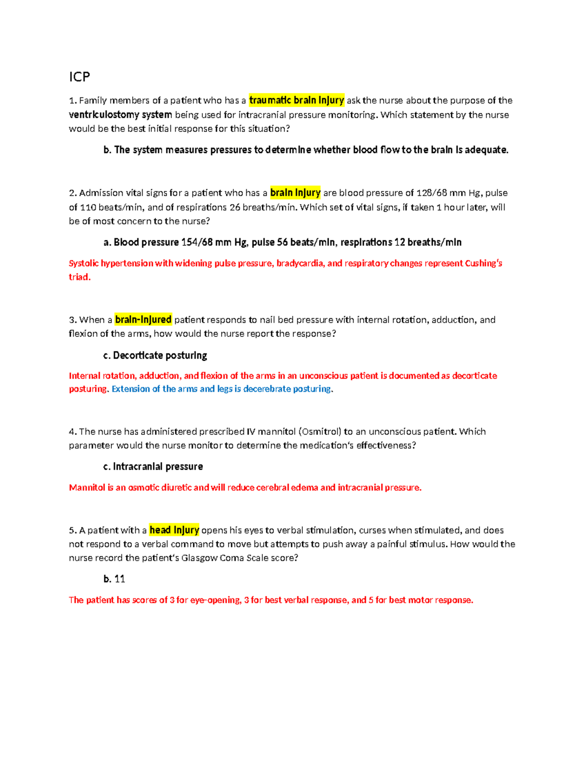ICP Exam 4: Insights on Brain Injury Management and Assessment - Studocu