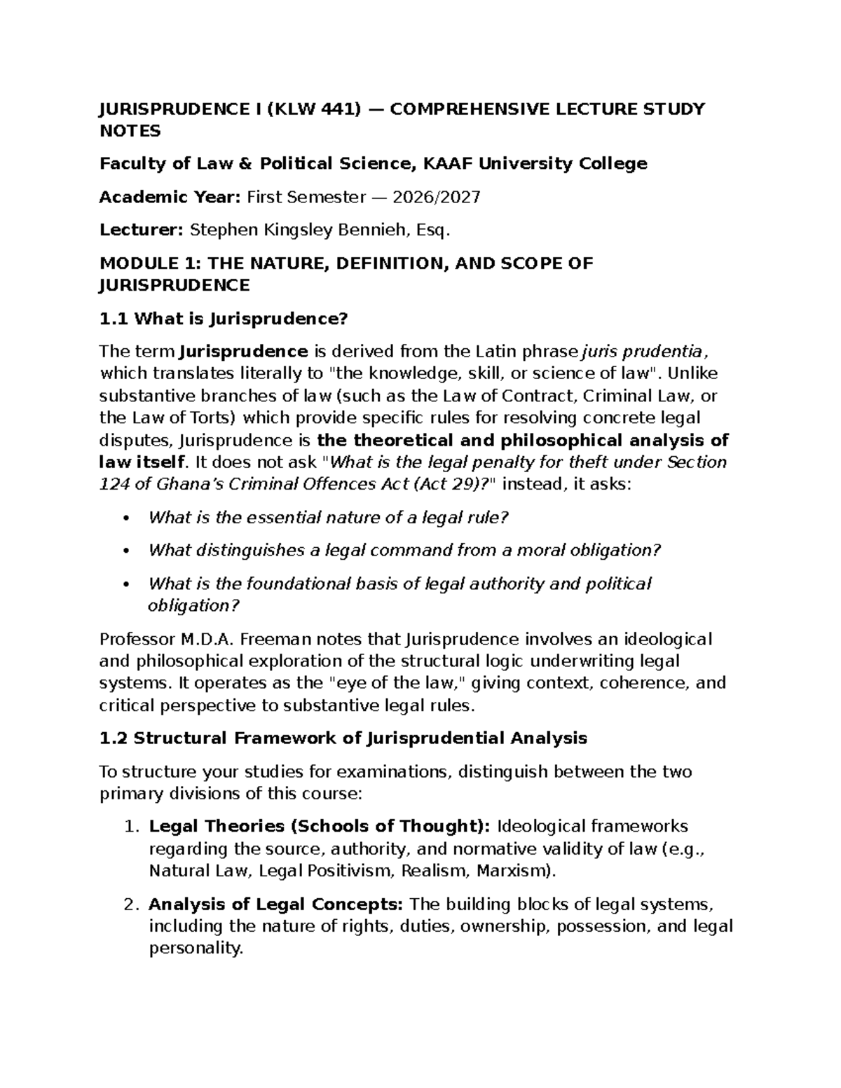 JURISPRUDENCE I (KLW 441) COMPREHENSIVE LECTURE NOTES - Studocu