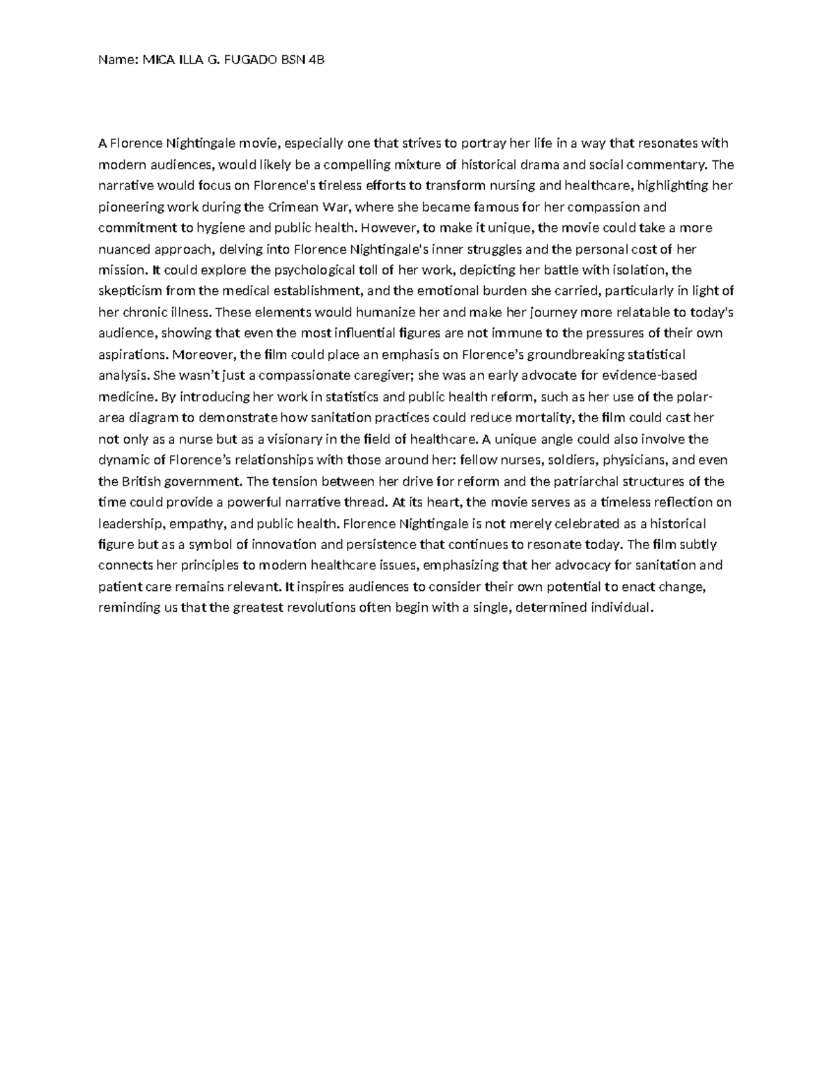 Florence Nightingale: A Compelling Biopic Analysis - BSN 4B - Studocu