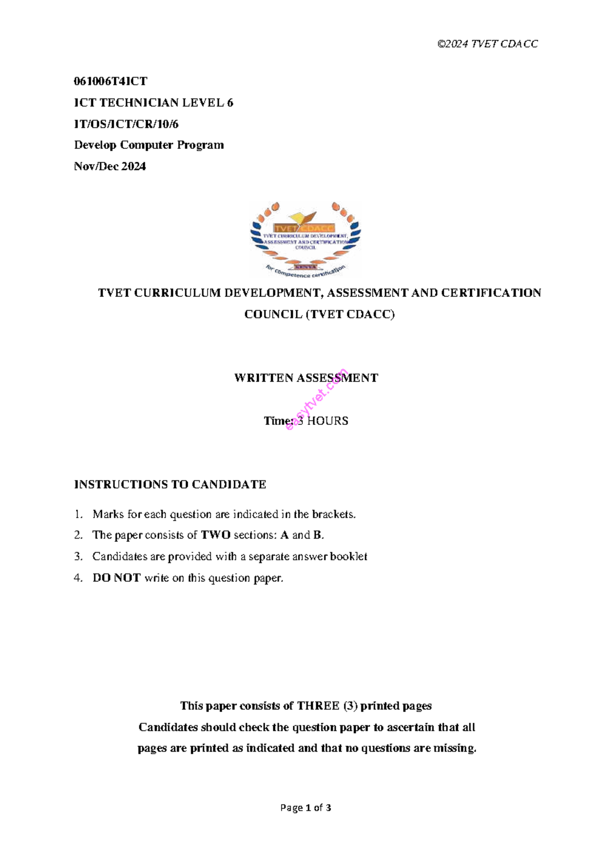 TVET CDACC 061006T4ICT ICT Technician Level 6 Written Assessment 2024 ...